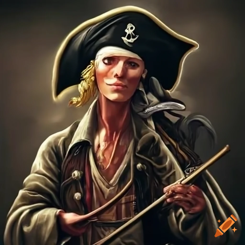 Illustration of a pirate with a parrot on his shoulder on Craiyon