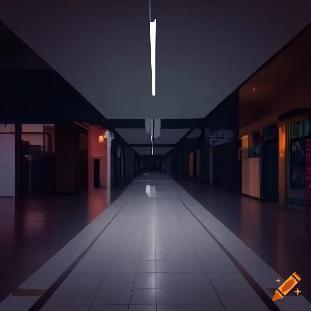 Dark and empty shopping mall in a liminal space with lights out on Craiyon