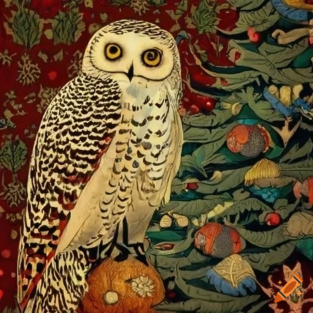 Snowy owl on decorated christmas tree with floral wallpaper in gustav ...