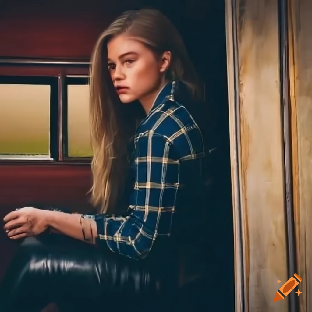 Close-up view of two people in country plaid shirt and high-waist black leather trousers on Craiyon