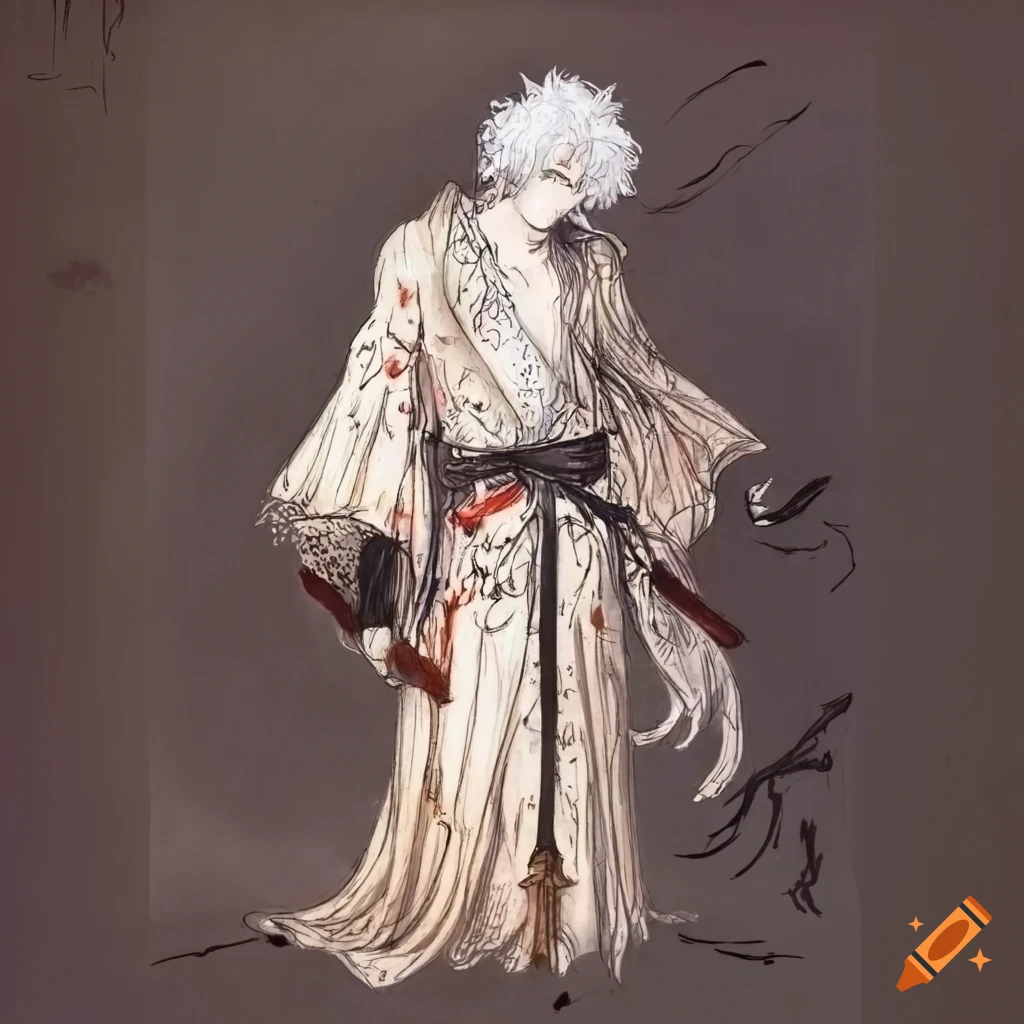Kind-hearted man in robe with curly white hair in Final Fantasy concept ...