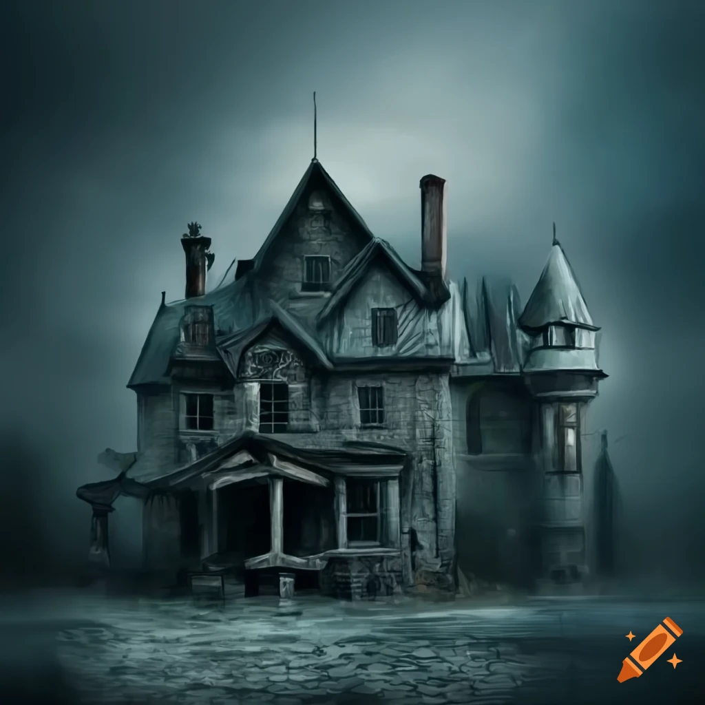 Spooky grey house with an old man on Craiyon