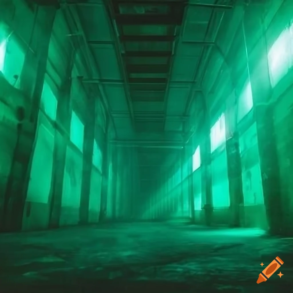 Foggy industrial rust with emerald green tiles and endless hallways on ...