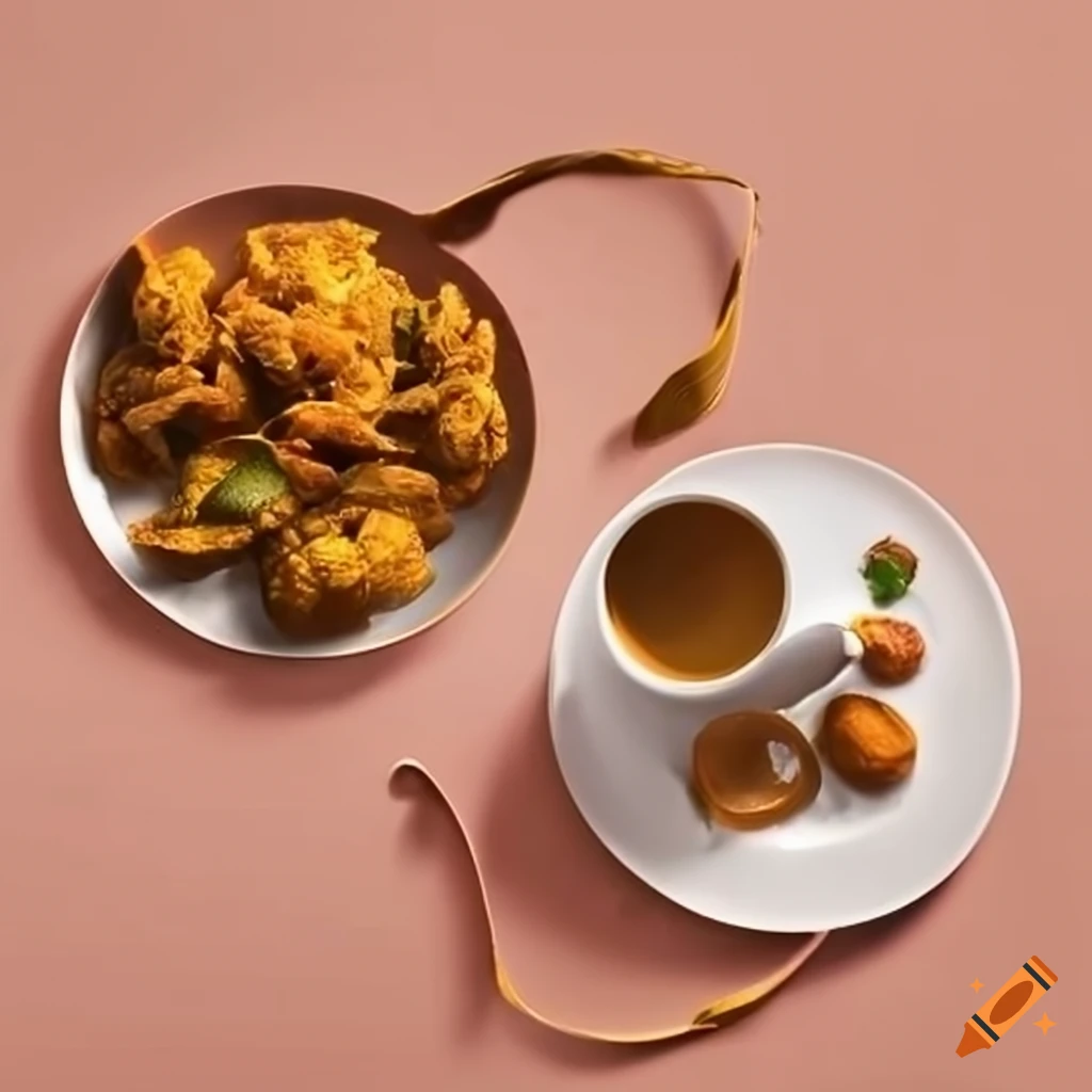 Tea cup and plate of pakodas on Craiyon