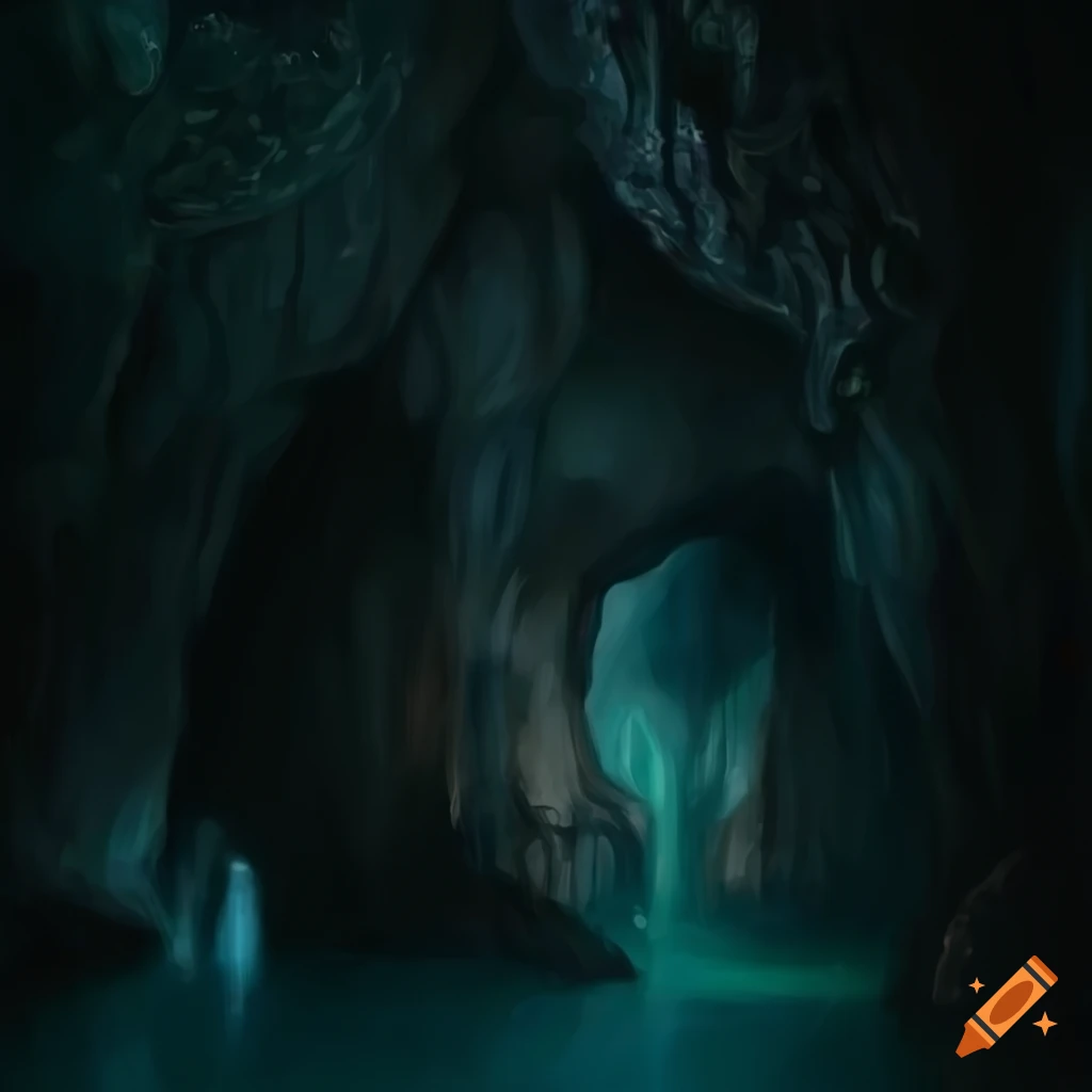 Moody painting of a dark cave with medusa emerging on Craiyon