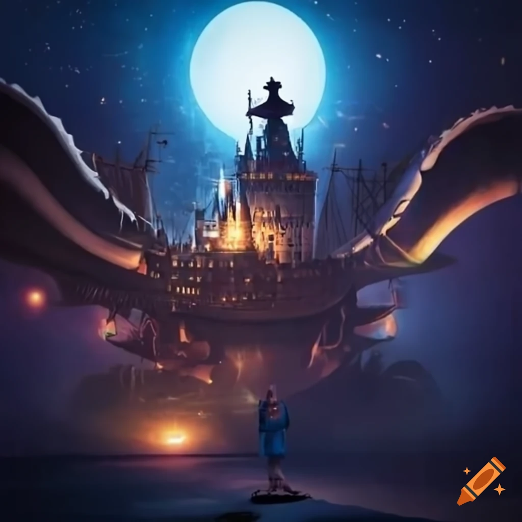 Giant flying clockwork kingdom at night with a woman looking up from ...
