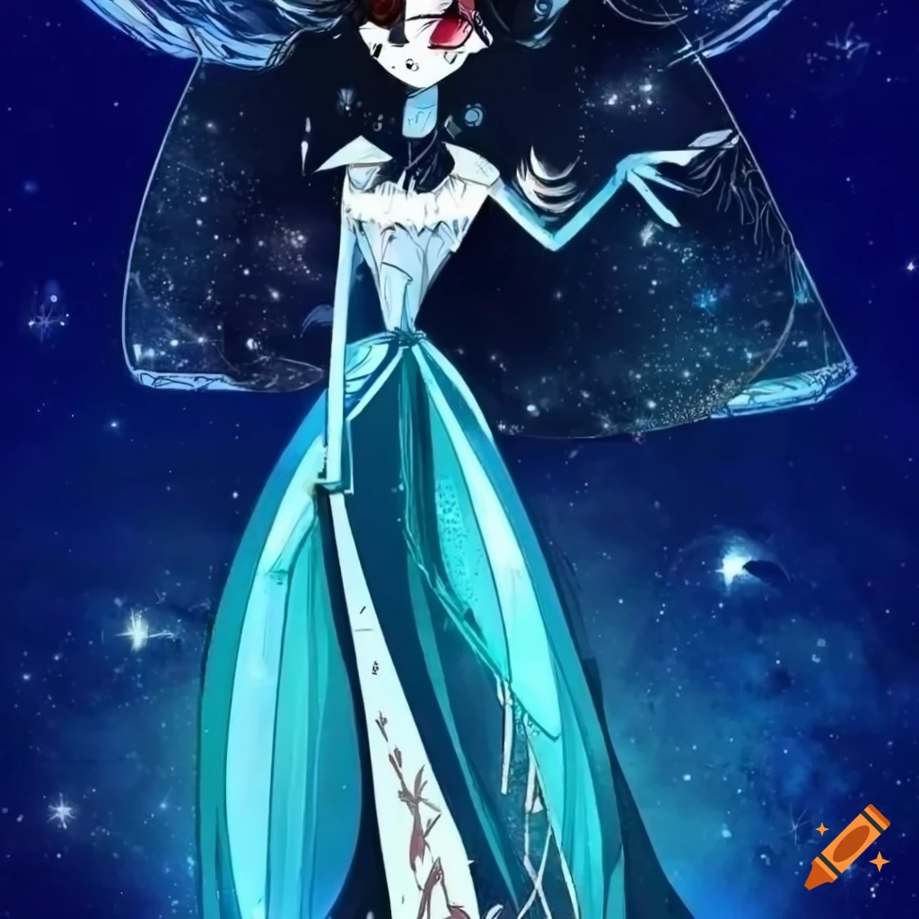 Charming space moth in a beautiful dress in hazbin hotel art style on Craiyon