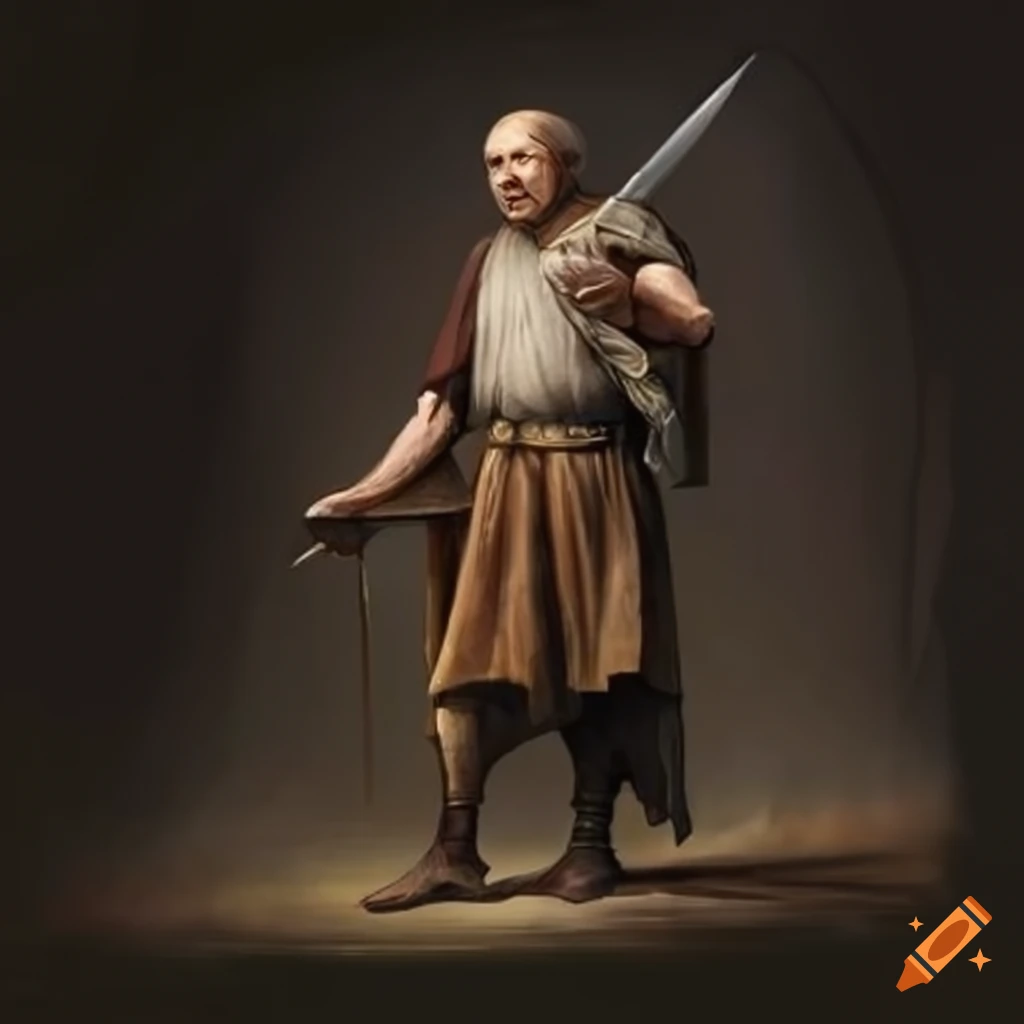 Medieval peasant with inverted kiteshield and broken sword on Craiyon