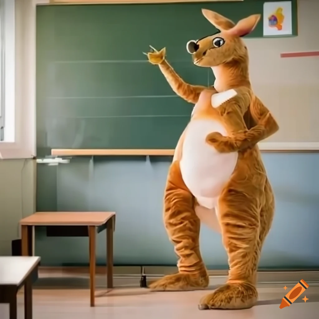 Female teacher in full body kangaroo mascot costume at school on Craiyon