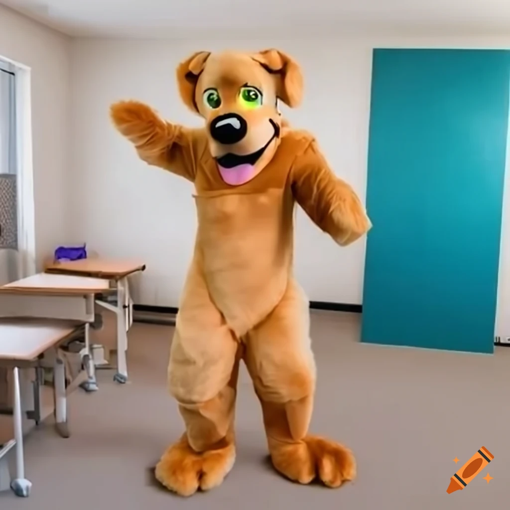 Female teacher in cartoon labrador mascot costume at classroom on Craiyon