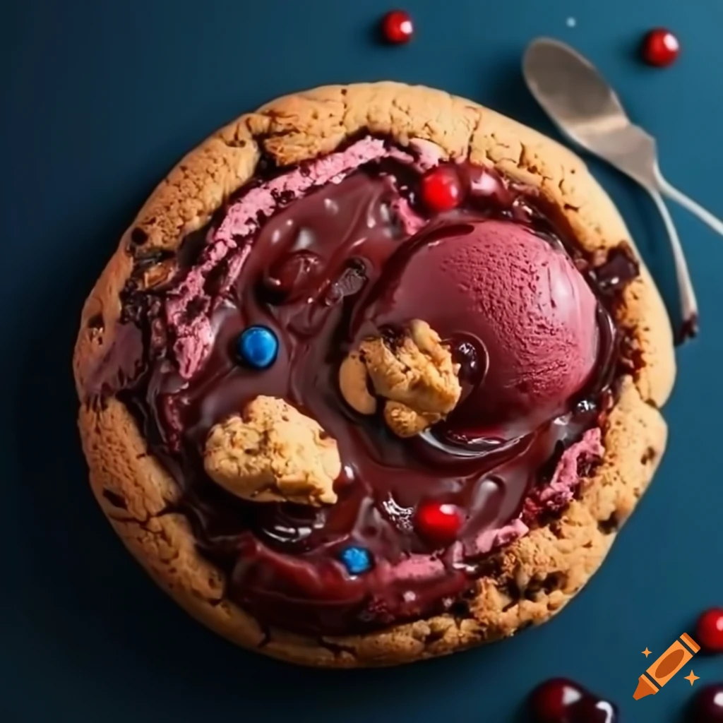 Delicious m&m red velvet cookie with cherry ice cream and chocolate ...