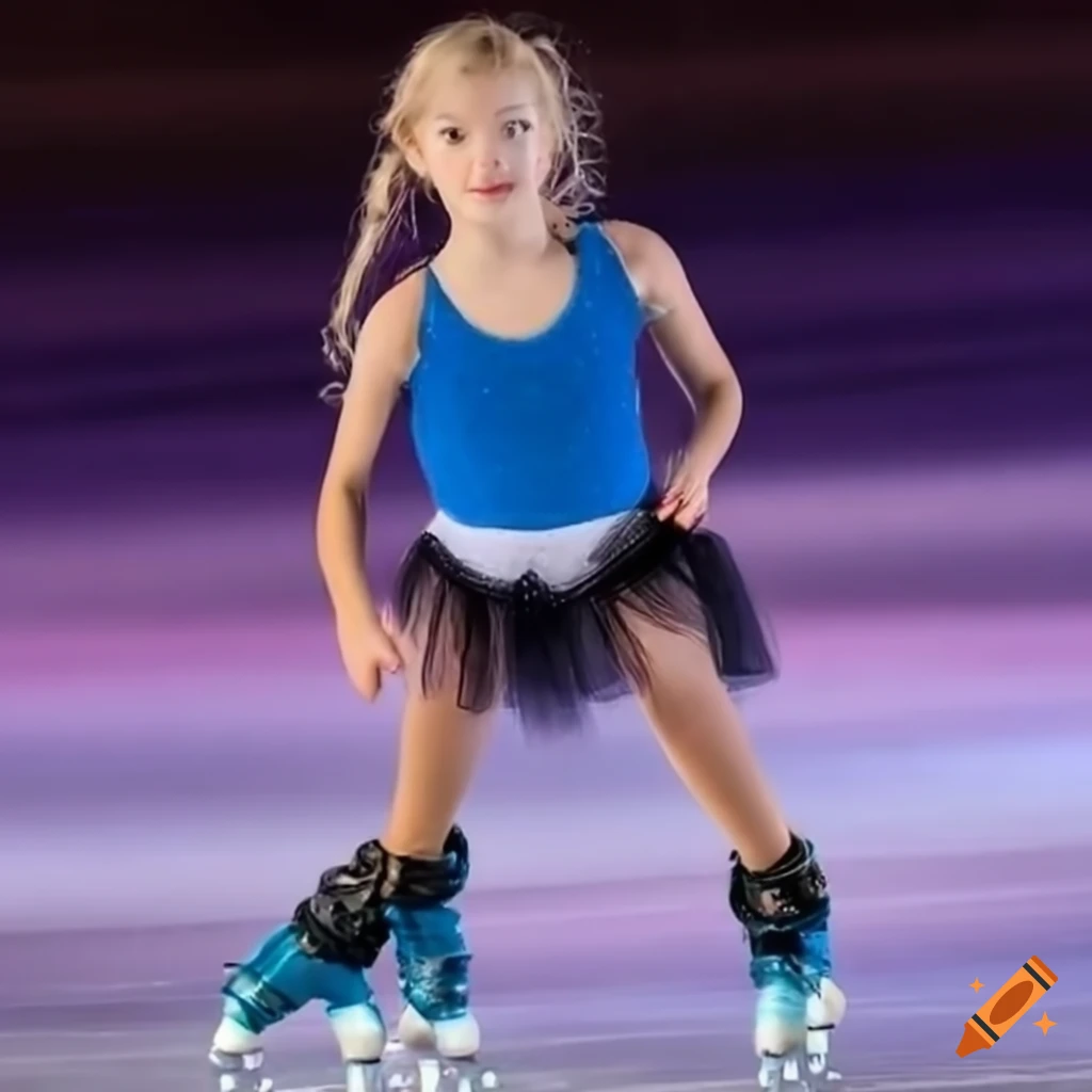 Blonde girl with blue eyes and tutu rollerblading doing figure skating ...