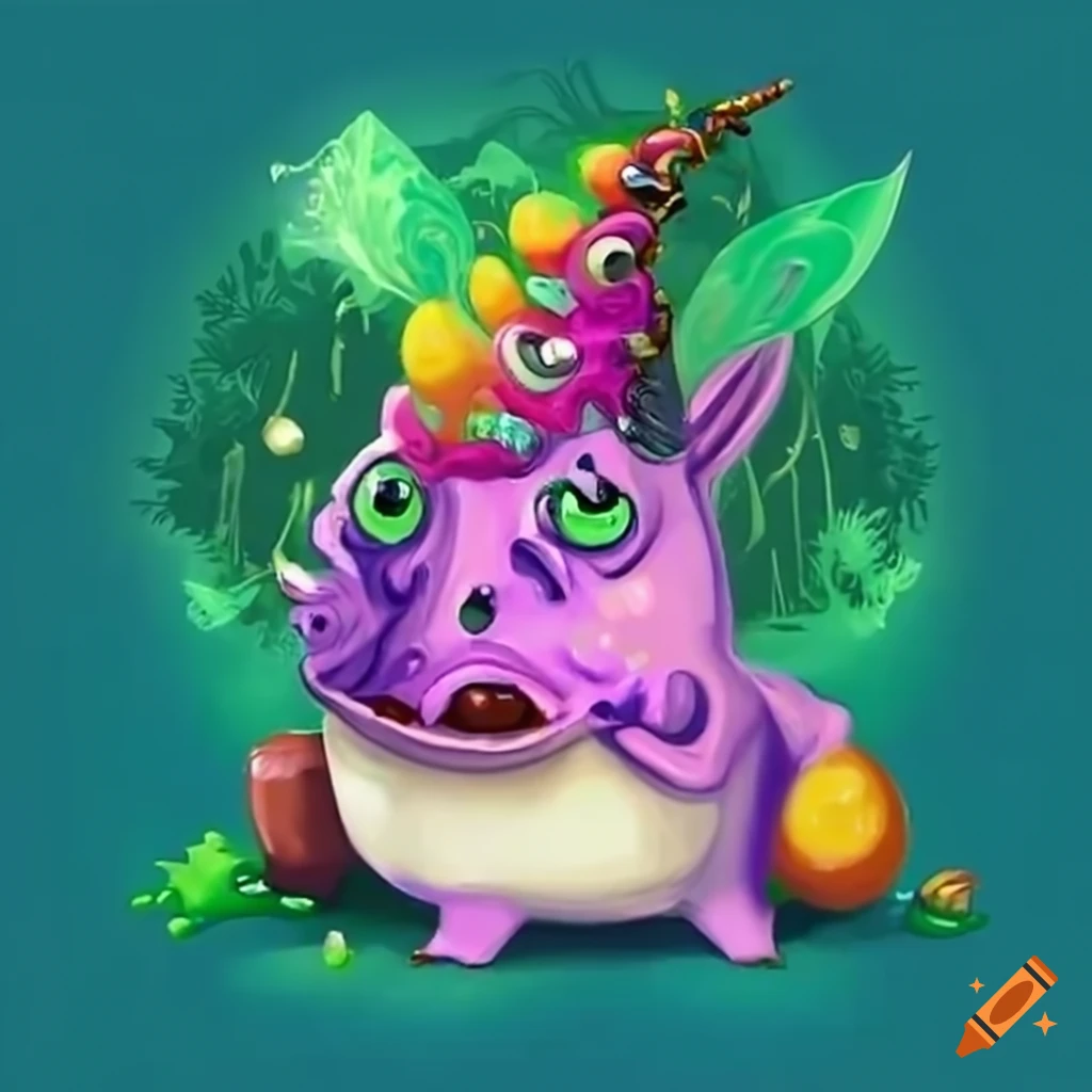 Mythical creatures and playful mutant omega mart lemon fruit monster in ...