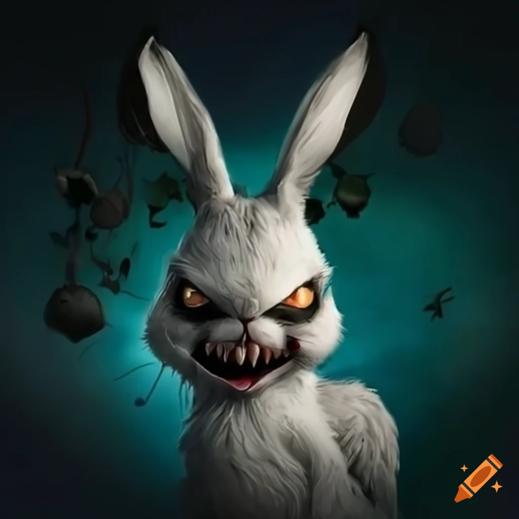 Angry evil bunny in a tim burton-style landscape on Craiyon