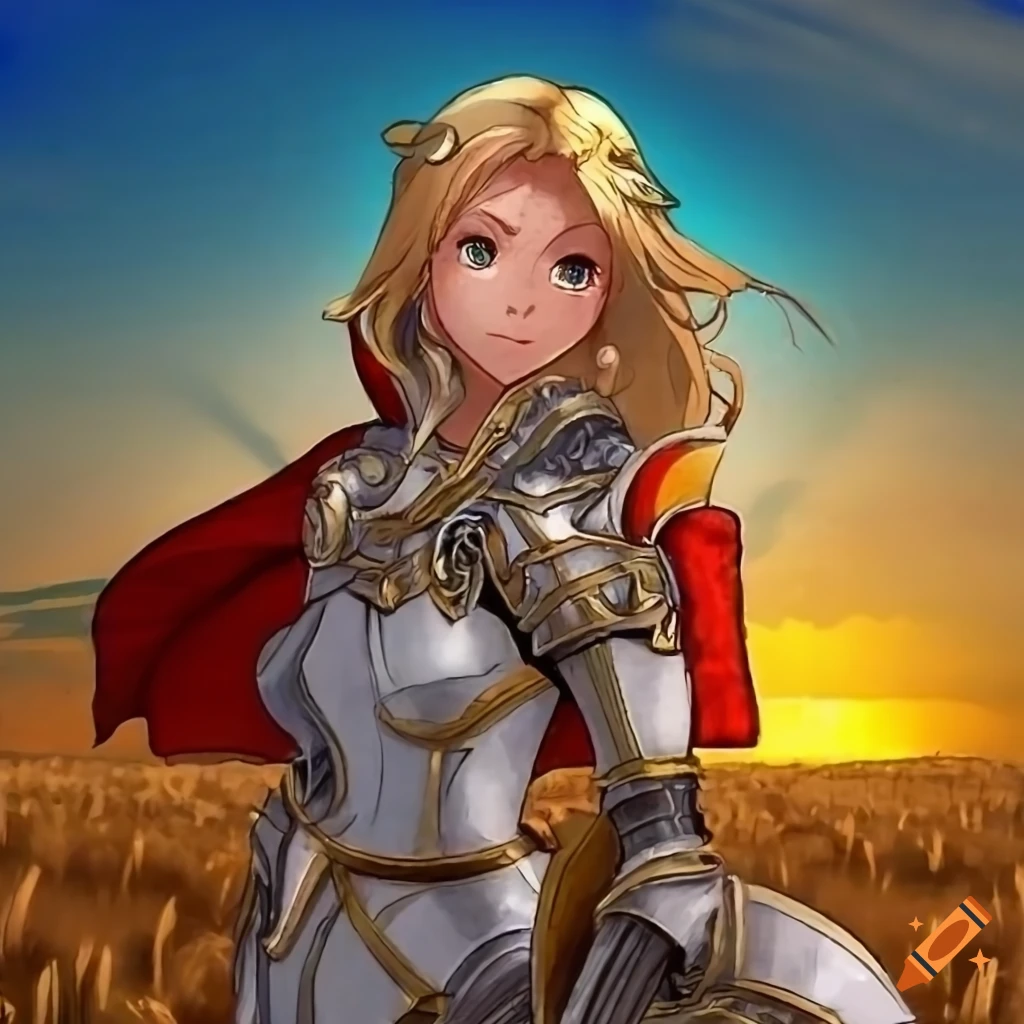 Platinum-blonde female paladin in chainmail riding Knabstrupper horse ...