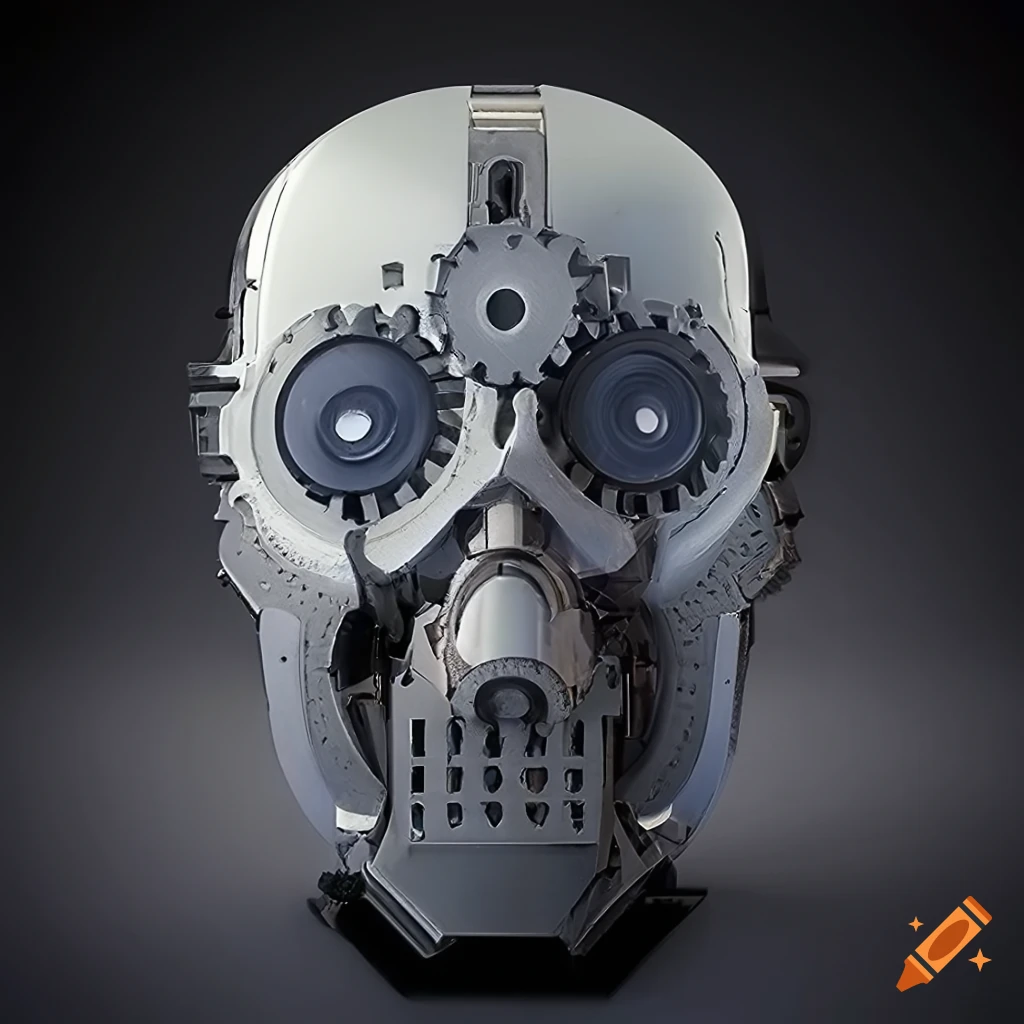 Abstract composition of gears, machines, and humanoid figures in a ...