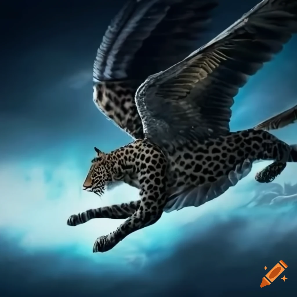 Flying leopard with wings in a fantasy world with floating objects on ...