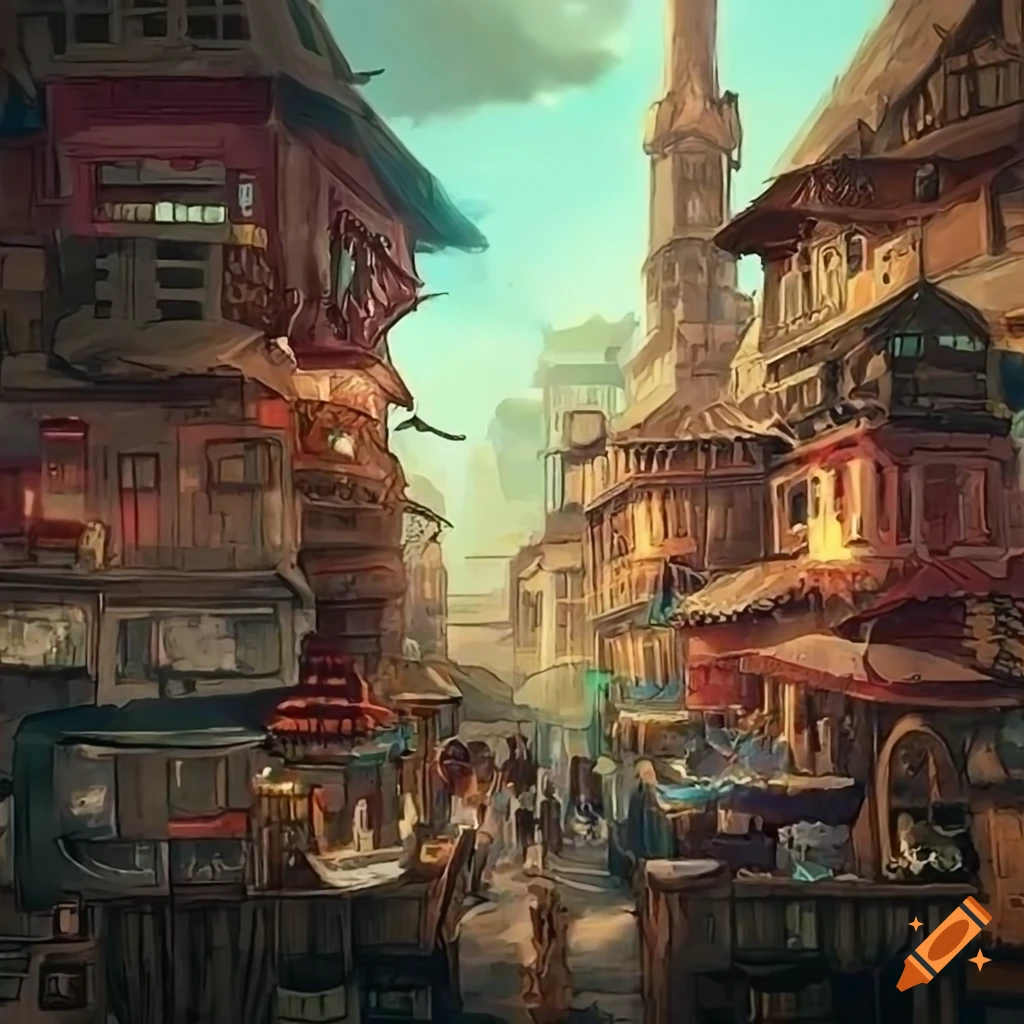 Busy market in a fantasy world city under a mountain with a steampunk ...