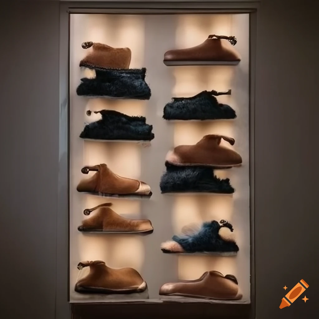 Display wall of ugg boots made with fleece material on Craiyon