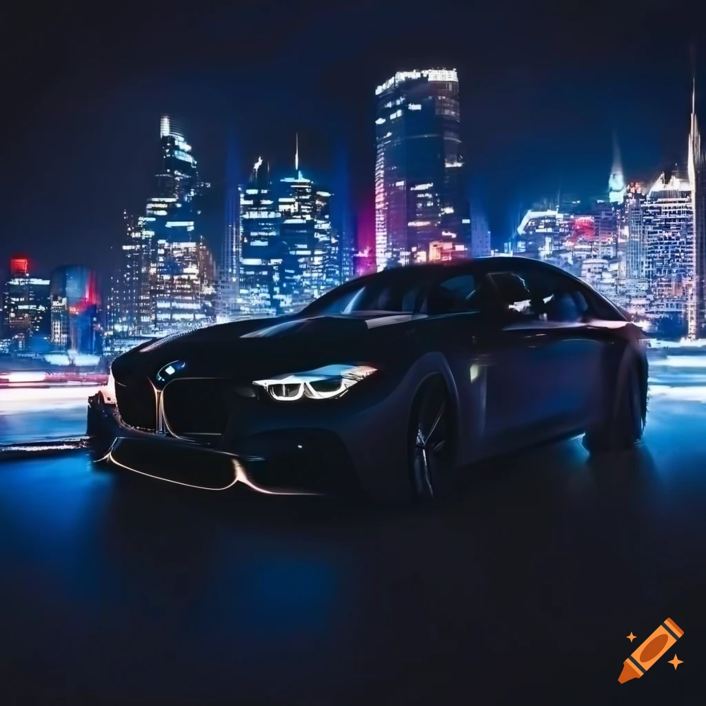 Black bmw m4 driving through city at night with glowing lights on Craiyon