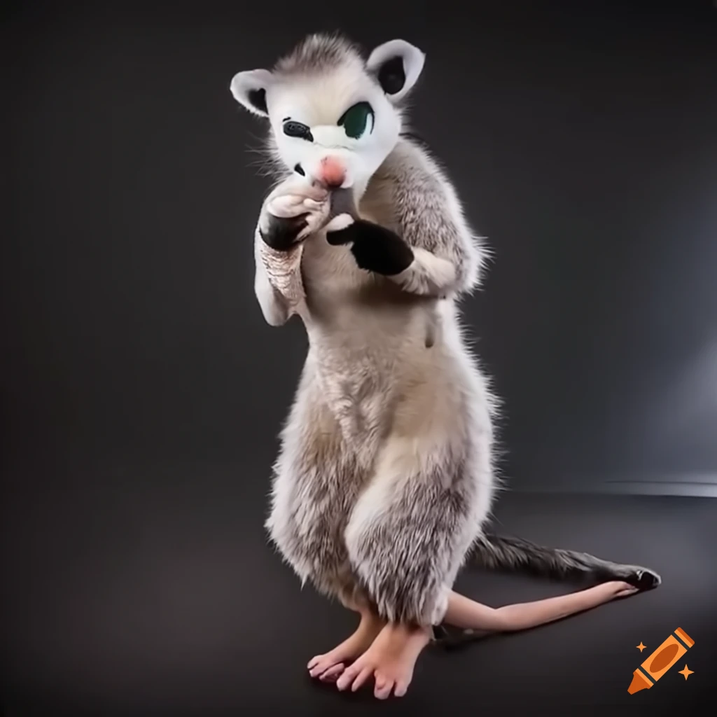 Waitress in full body opossum mascot fursuit at a place on Craiyon