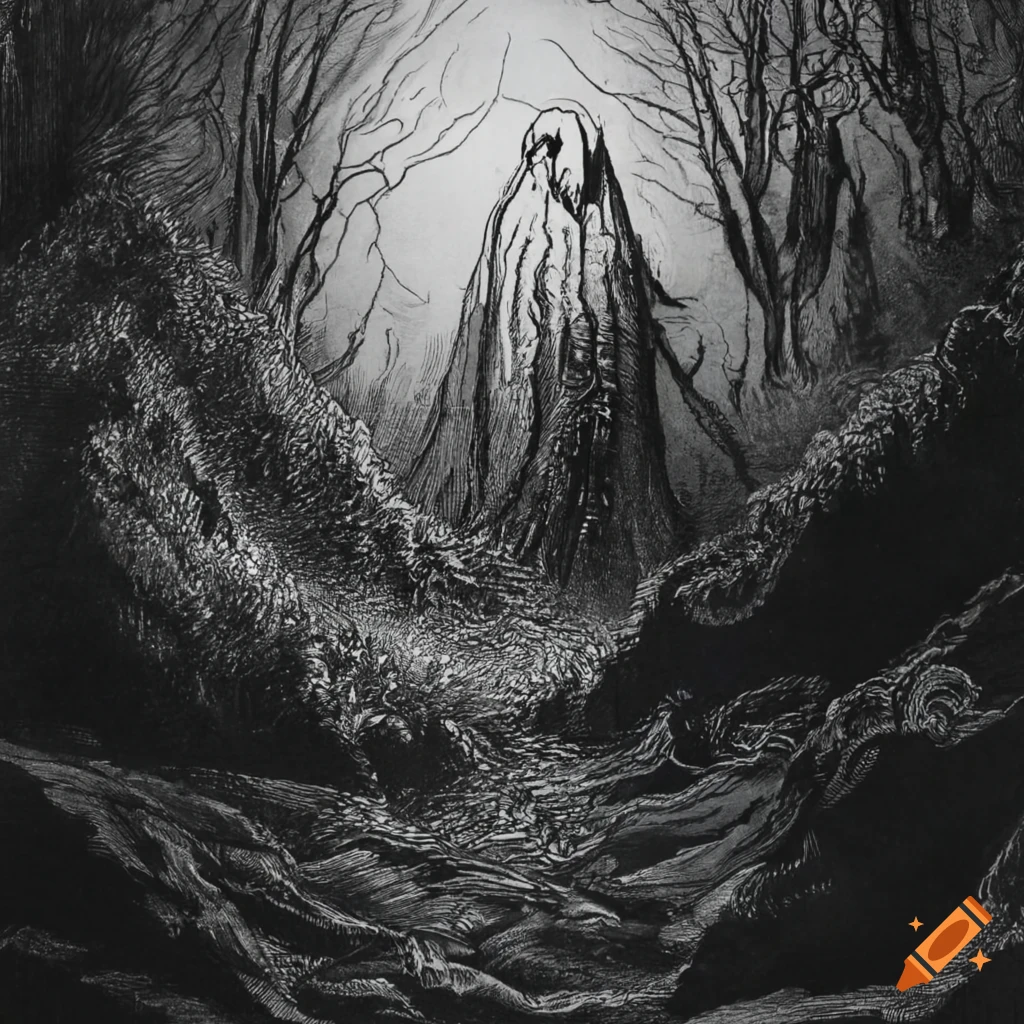 Mystic winter landscape ink drawing with a ghost, gustave dore style on ...