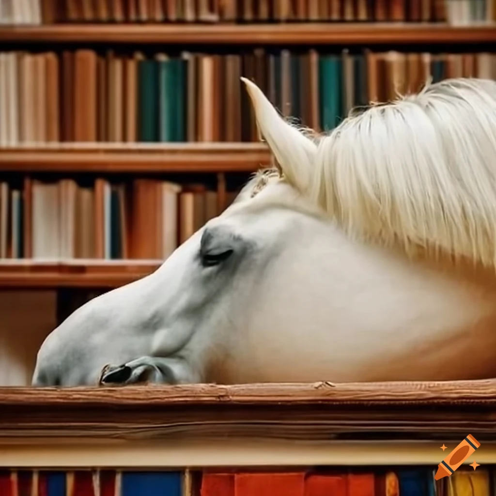 Beautiful white horse sleeping in a library surrounded by bookcases on ...