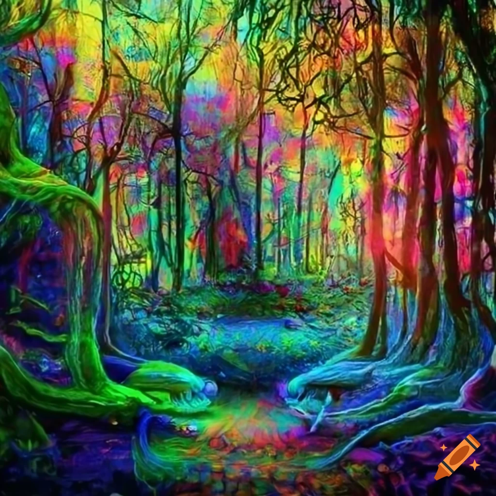 Bright and colorful psychedelic forest scene inspired by alice in ...