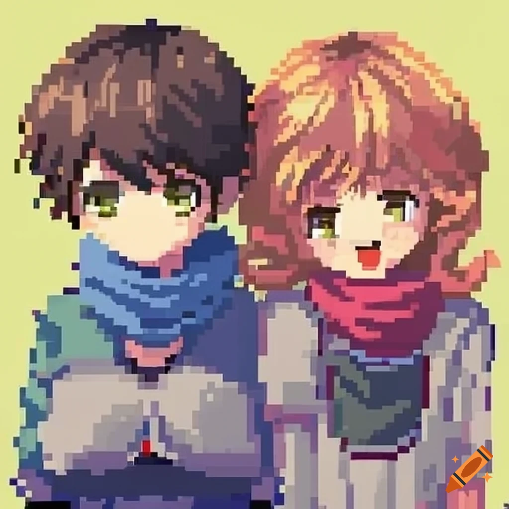 Anime boy and girl hugging in 64x64 pixel art on Craiyon