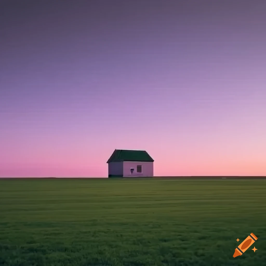 Liminal bright green field with small square-shaped house under a ...