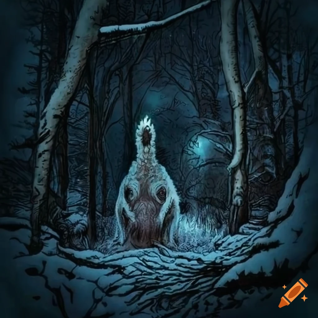 Unnerving creature in a snowy forest with highly detailed art on Craiyon