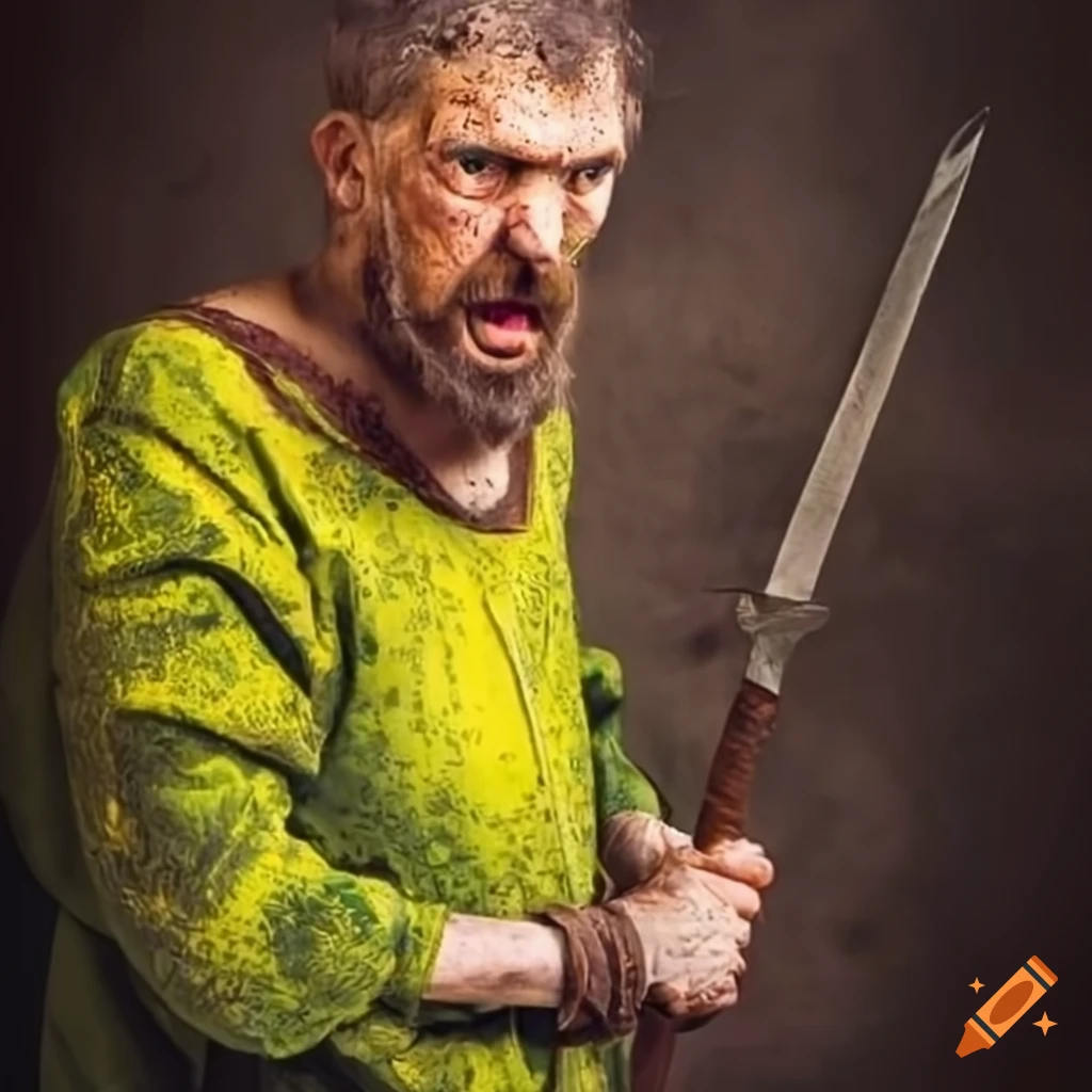 Medieval peasant in green and yellow with a broken sword looking angry ...