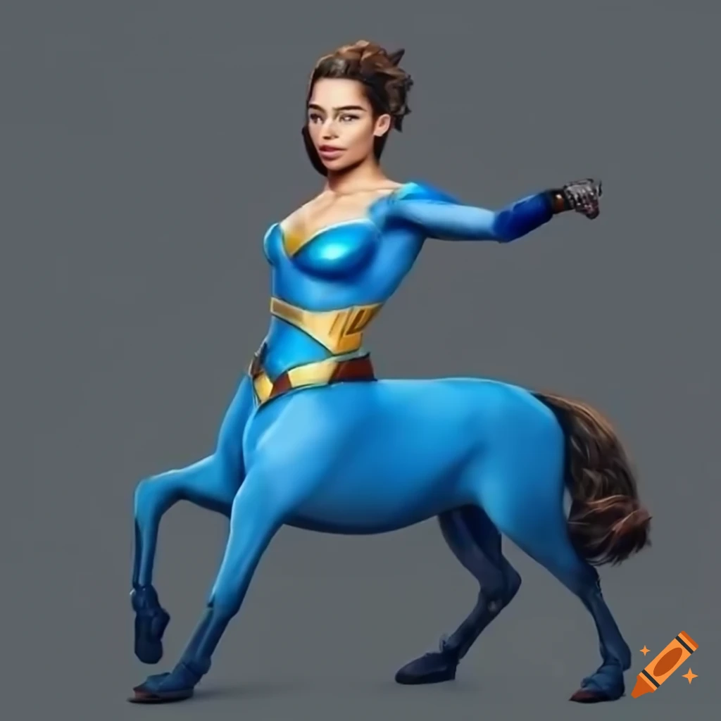 Emilia Clarke depicted as a blue centaur superhero on Craiyon