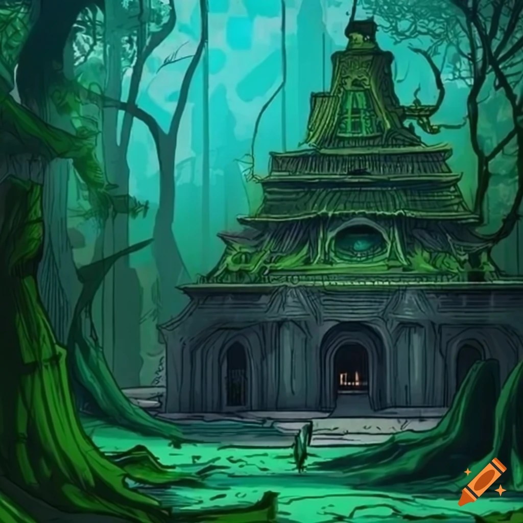 Alien temple in a dense forest with comic book style on Craiyon