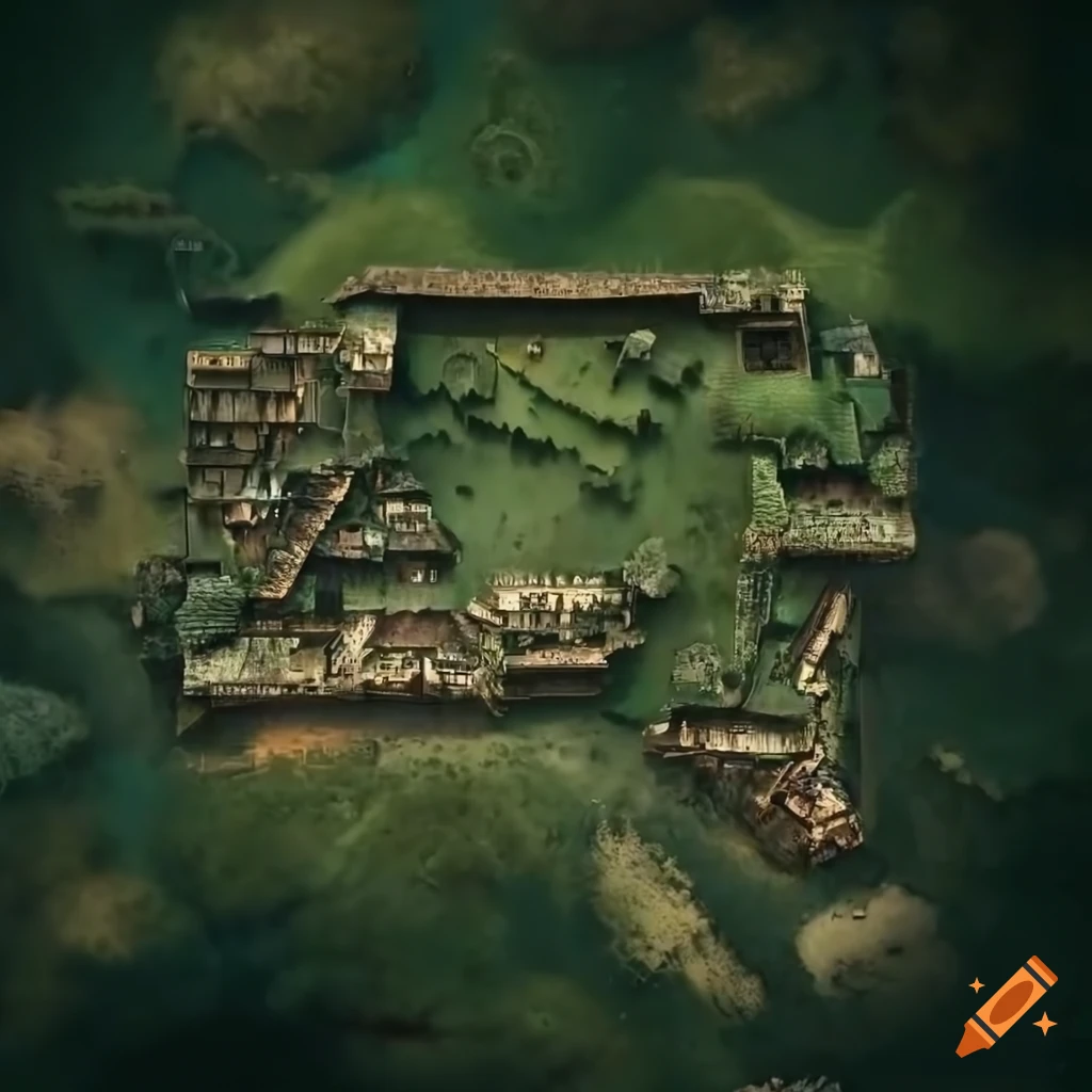 Aerial view of post-apocalyptic village with fortification walls ...