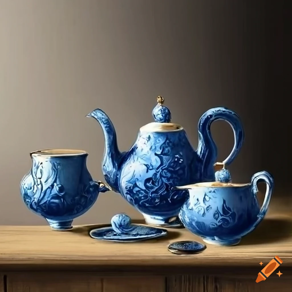 1800 pen and ink drawing of a beautiful blue Victorian tea set on a ...