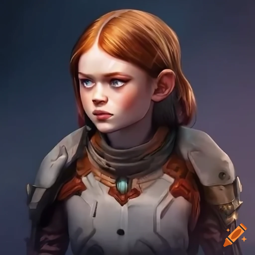 Sadie Sink with a pixie haircut in a warrior pose portraying a hunter ...