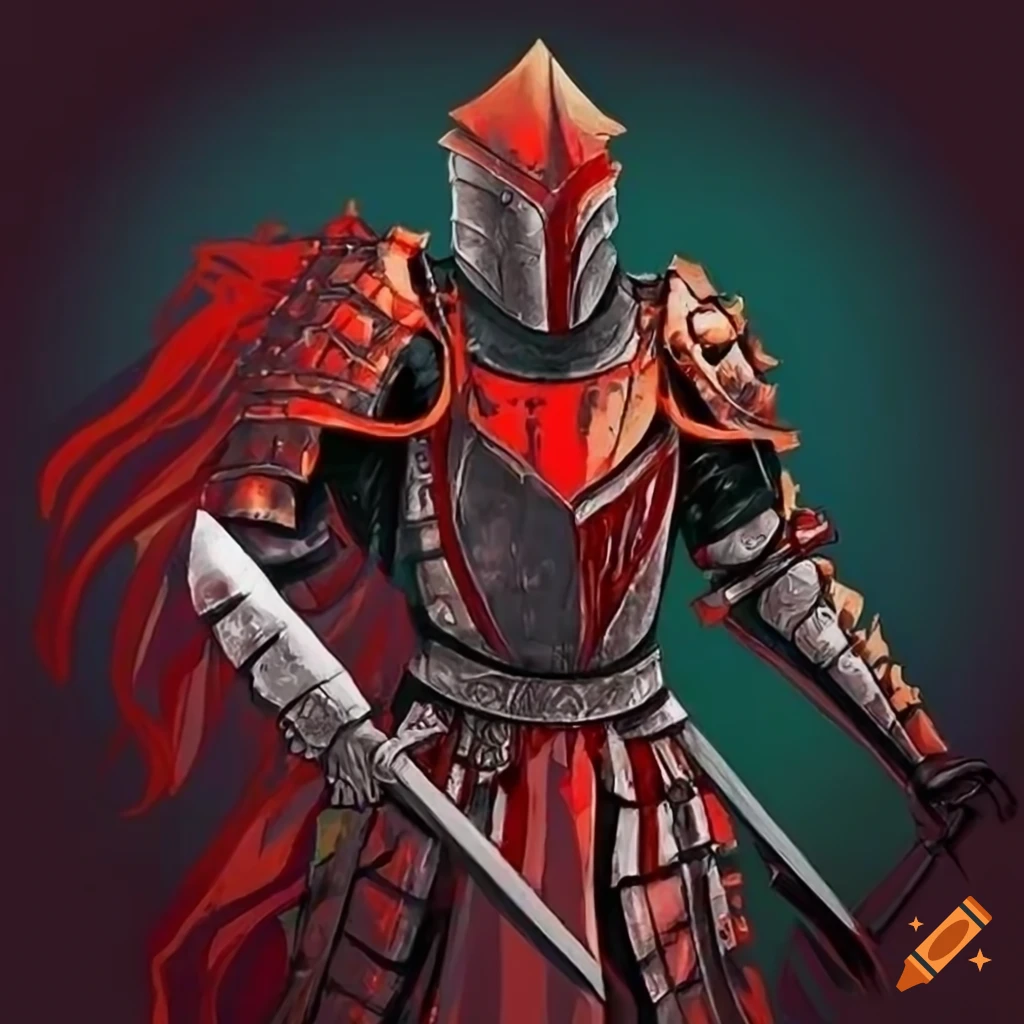 Sinister knight in red and black full plate armor on Craiyon