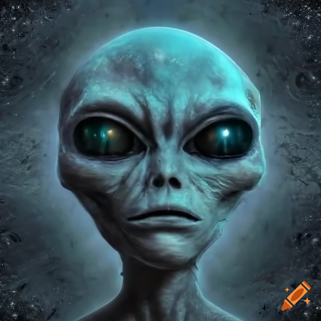 Ominous grey alien with glowing eyes in an alien solar system backdrop ...