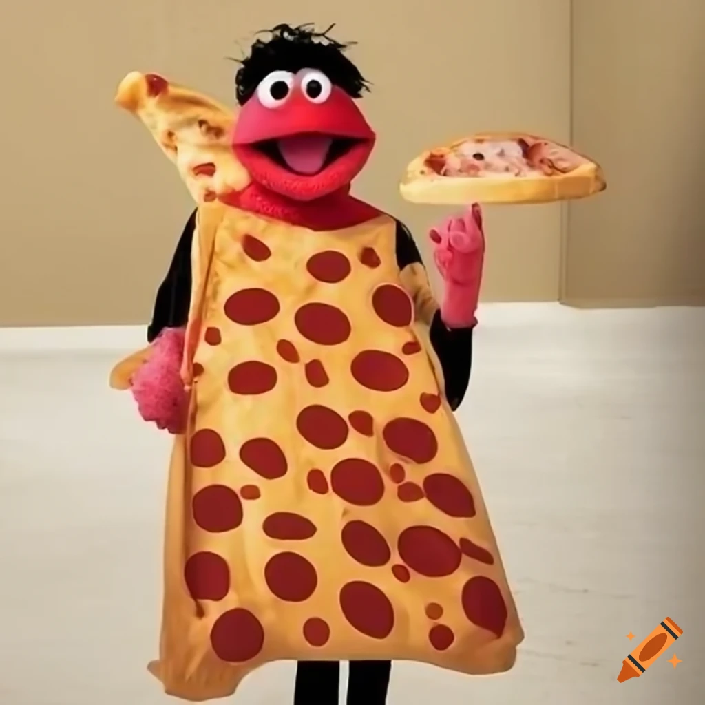 Colorful muppet wearing a pizza costume on Craiyon