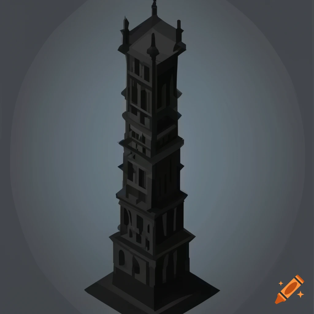 Isometric vector illustration of a tall ancient tower in black on Craiyon