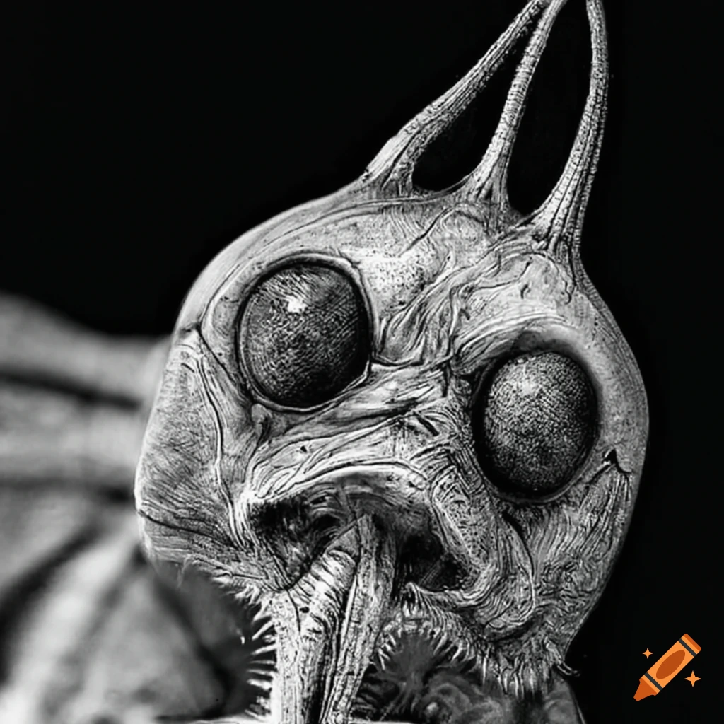 Monochrome alien insect engraving closeup by max ernst on Craiyon