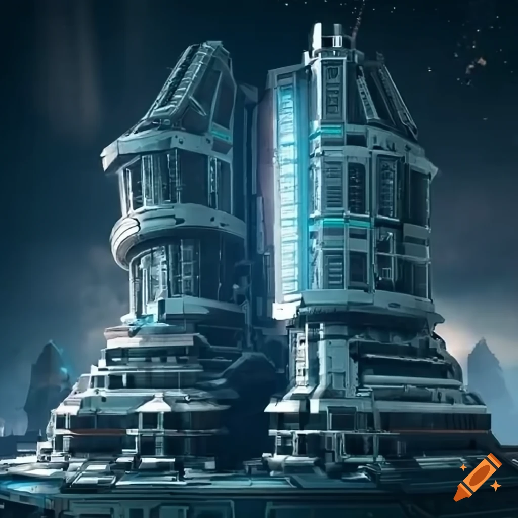 Complex sci-fi space construction on Craiyon