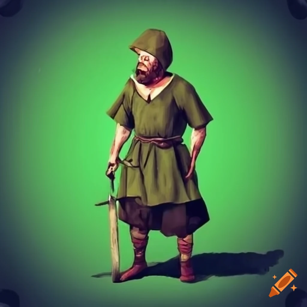 Medieval peasant in green and yellow with a broken sword on Craiyon