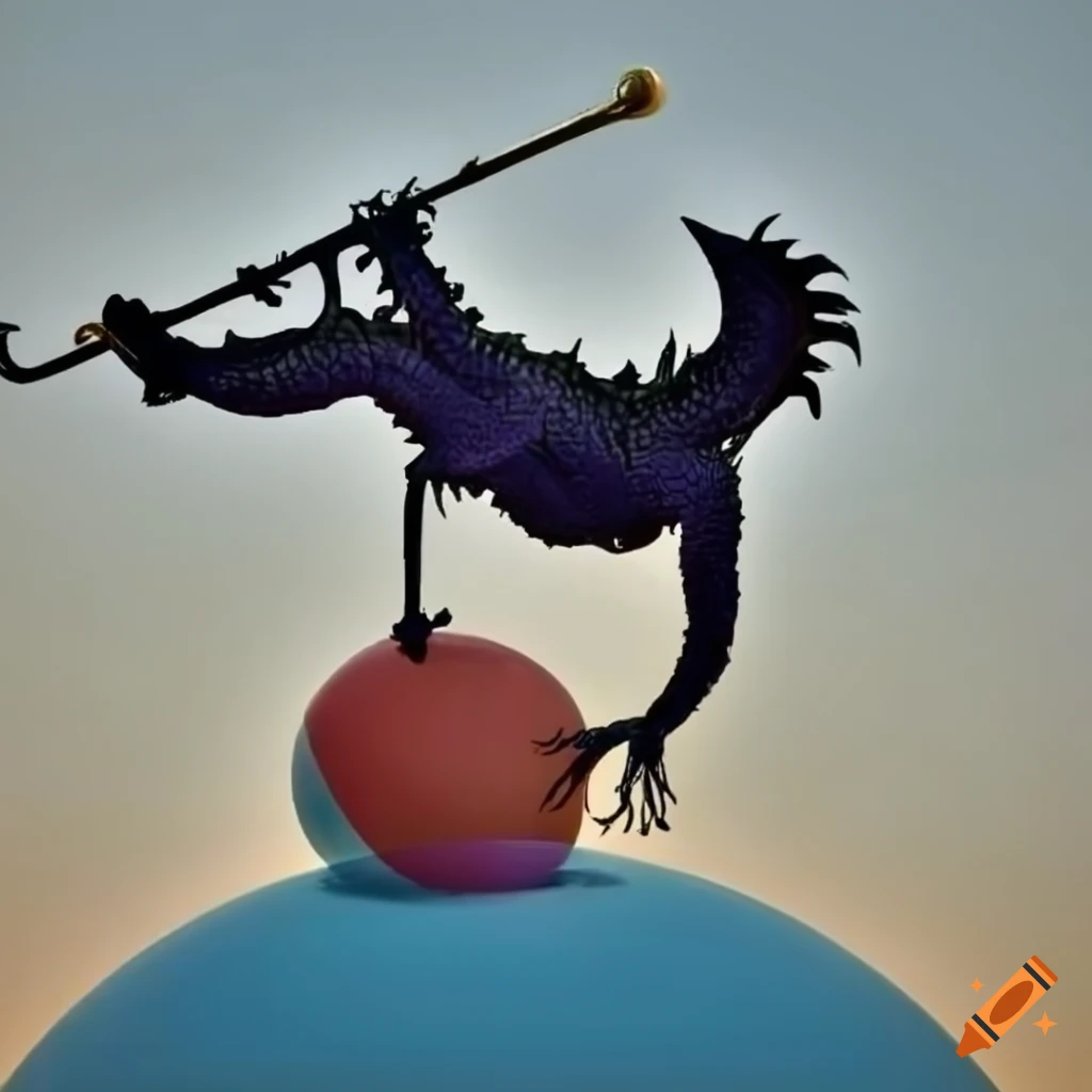 Silhouette of dragon balancing on a beach ball playing trumpet at a ...