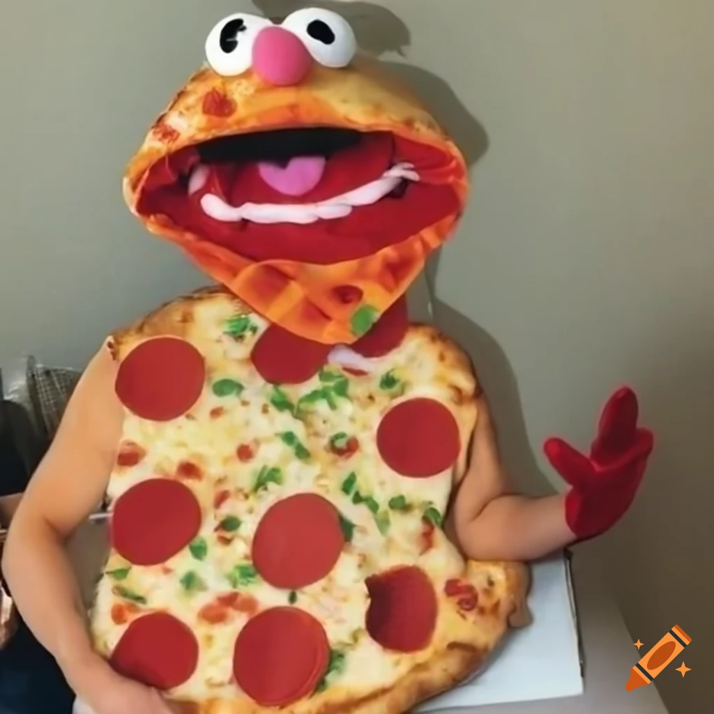 Colorful muppet wearing a pizza costume on Craiyon