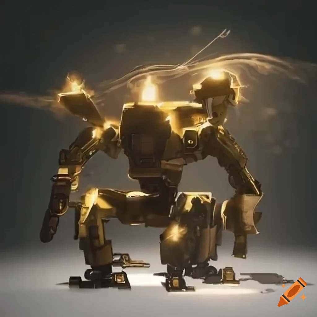 Headless battle mech with golden wings emitting colorful nano bots on ...