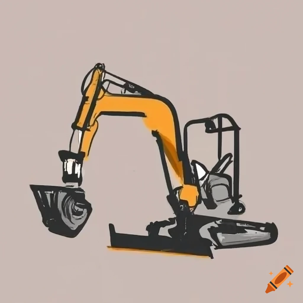 Minimalist drawing of a public works worker riding a mini excavator ...