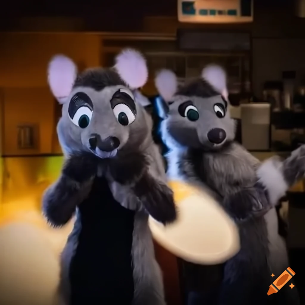 Fast food workers in grey rat mascot fursuits at restaurant on Craiyon