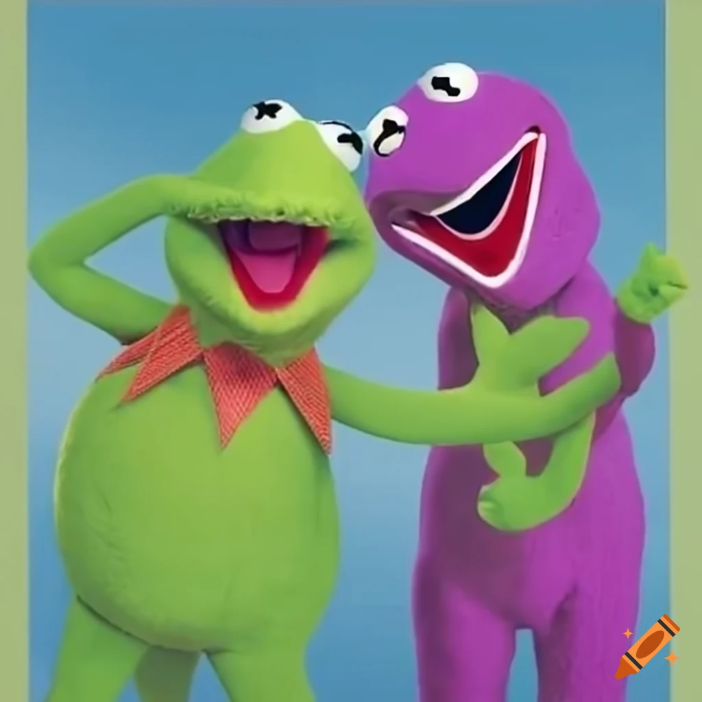 Kermit the frog and barney the dinosaur holding hands on Craiyon
